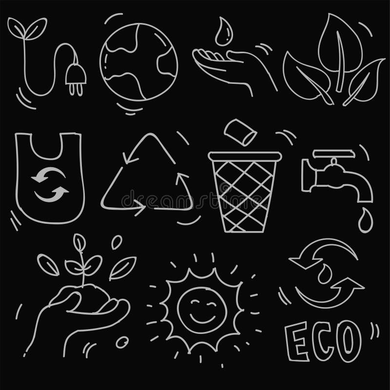 Set of Hand Drawn Ecology, Ecology Problem and Green Energy Icons in ...