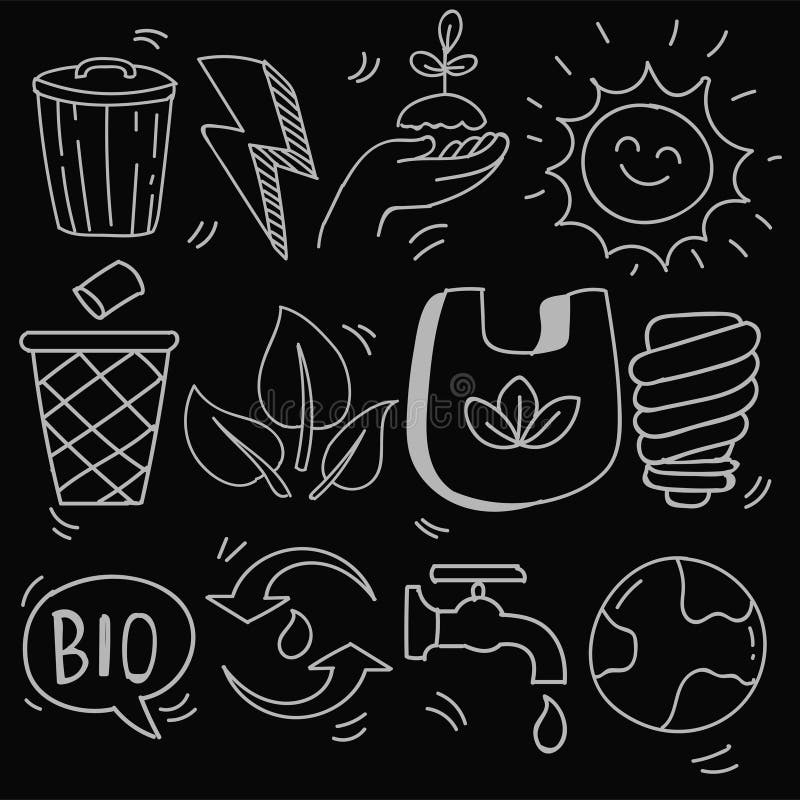 Set of Hand Drawn Ecology, Ecology Problem and Green Energy Icons in ...