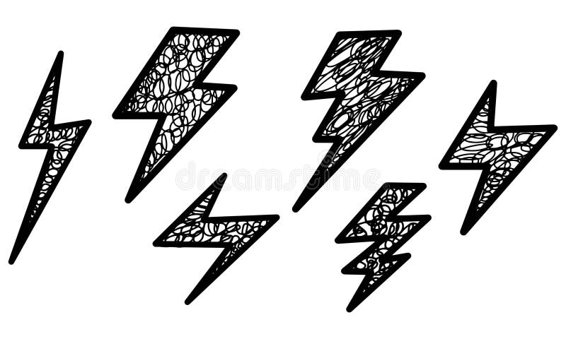 Set of Electric Lightning, Thunder Bolt in Doodle Style. Isolated on ...