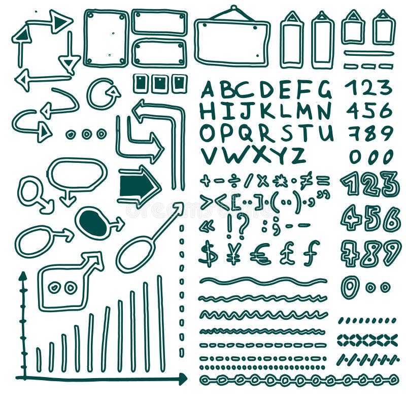 Set of Hand Drawn Elements Arrows, Lines, Graphics, Letters, Math Signs ...