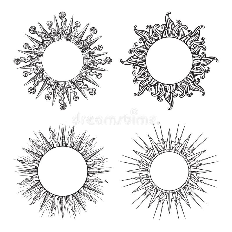 Set of Hand Drawn Etching Style Frames in a Shape of Sun Rays Vector ...