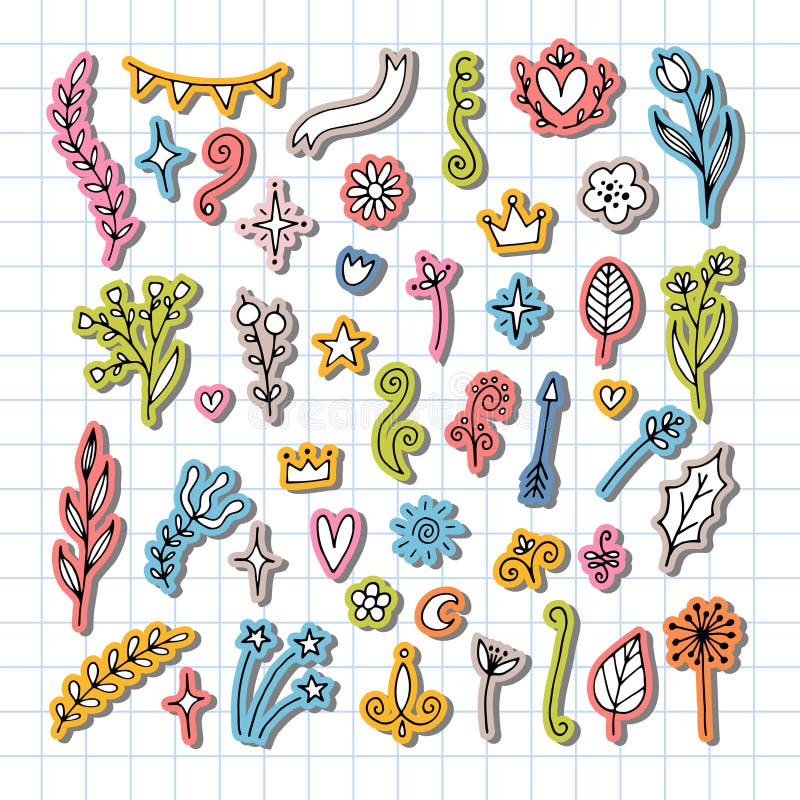 Set of Hand Drawn Floral Design Elements. Flowers, Branches, Stars ...