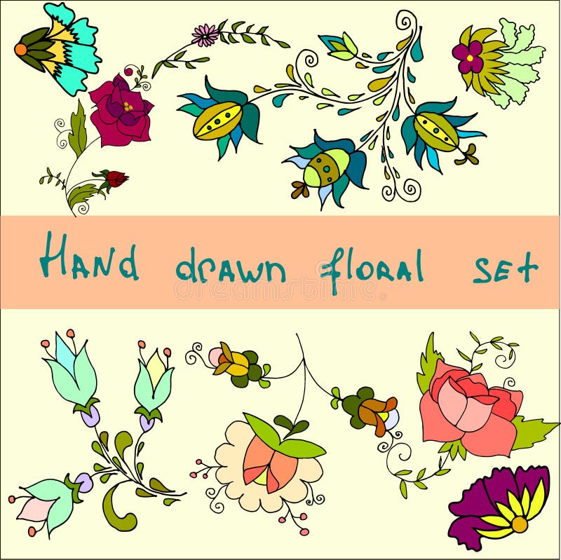 Set of Hand Drawn Flowers, Vector Clip Art with Flowers Stock Vector ...