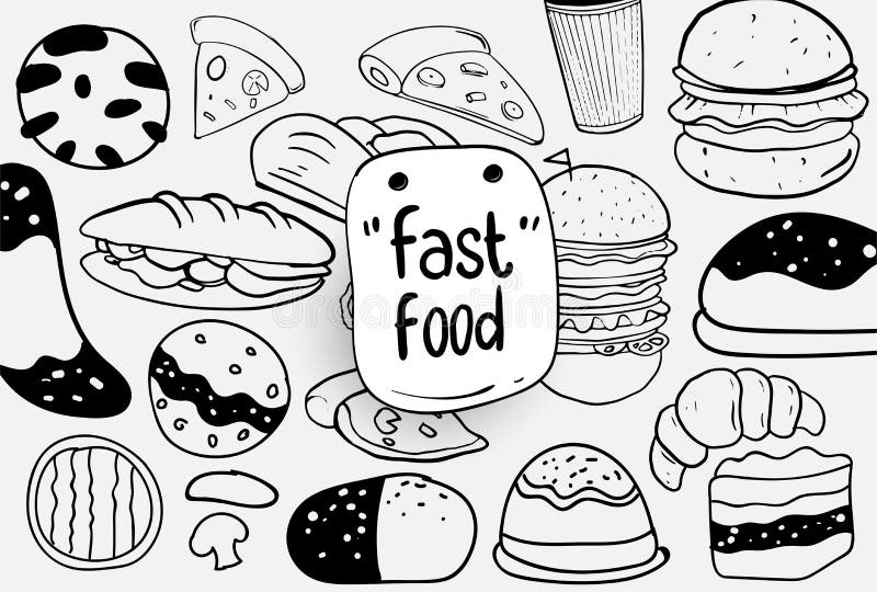 Set of Hand Drawn Food Isolated on White Background, Doodle Set of Fast ... Set of Hand Drawn Food Isolated on White Background, Doodle Set of Fast ...