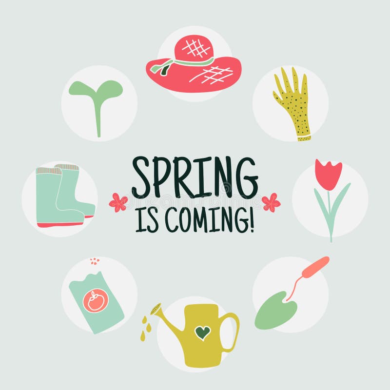Set of Hand Drawn Garden Elements with Quote: Spring is Coming ...