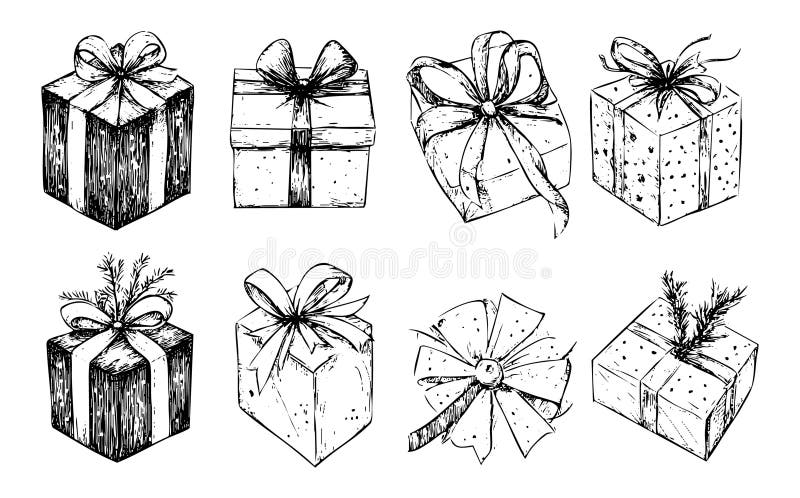 Set of Hand-drawn Gift Boxes with Bows and Ribbons, Black and White ...