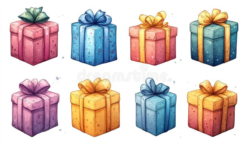 Set of Hand-Drawn Gift Boxes with Vibrant Colors Stock Illustration ...