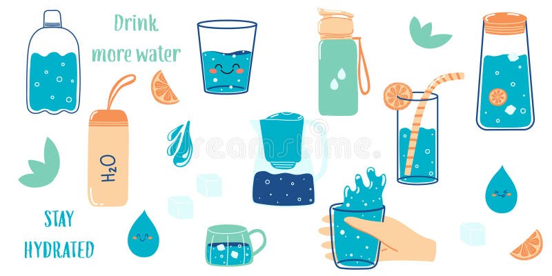 Set of Hand Drawn Glass, Bottle with Water. Concept of Drinking More ...