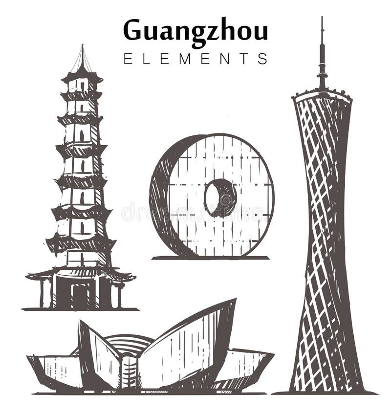 Set of Hand-drawn Guangzhou Buildings Elements Sketch Vector ...