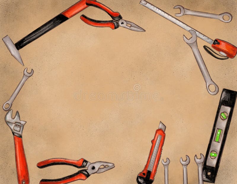 Set of Hand Drawn Hand Tools on Brown Background with Place for Text ...