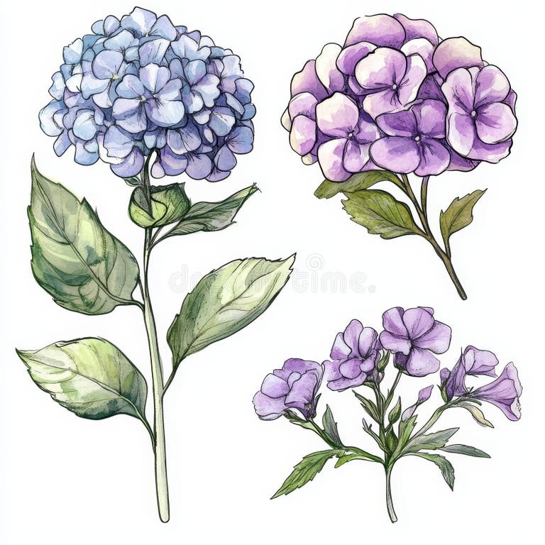 Set of Hand Drawn Hydrangea Flowers. Vector Illustration Stock ...