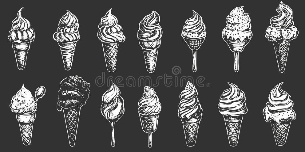 Set of Hand-drawn Ice Cream Cone Illustrations in Black and White ...