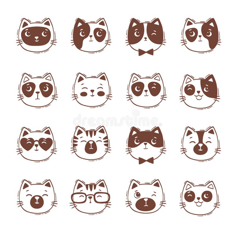 Set of Hand Drawn Illustration Cats Face Portrait Stock Vector ...