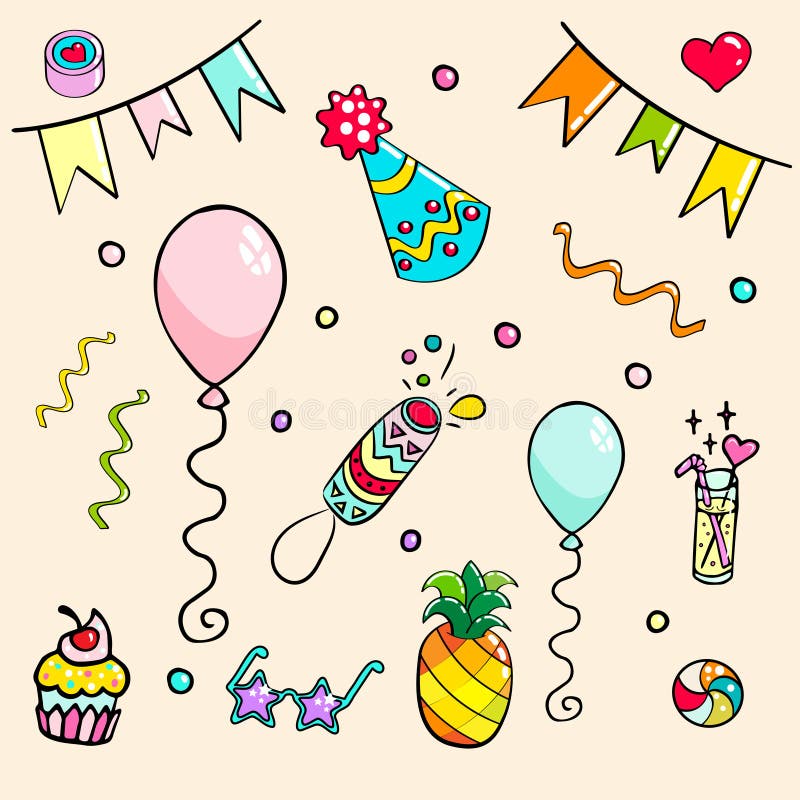 Set of Hand Drawn Illustrations of Different Party Attributes. Vector ...