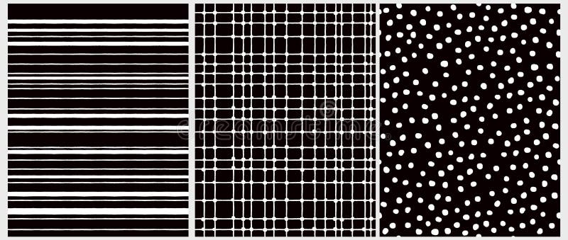 Set of 3 Hand Drawn Irregular Geometric Patterns. Stripes, Grid and ...