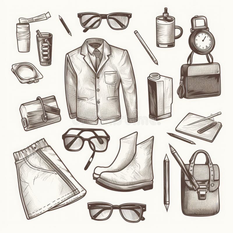 Set of Hand Drawn Items for Men Stock Illustration - Illustration of ...