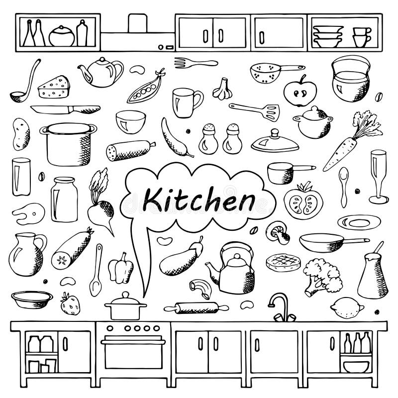 Crockery doodles set stock vector. Illustration of food - 12387289