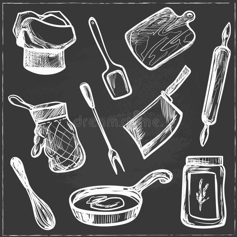 Set of Hand Drawn Kitchen Objects Stock Vector - Illustration of ...