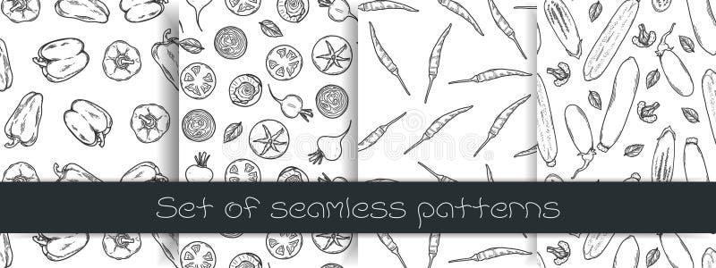 Set of Hand-Drawn Linear Style Seamless Vegetable Pattern for Culinary ...