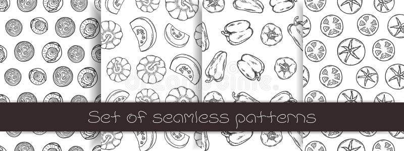 Set of Hand-Drawn Linear Style Seamless Vegetable Pattern for Culinary ...