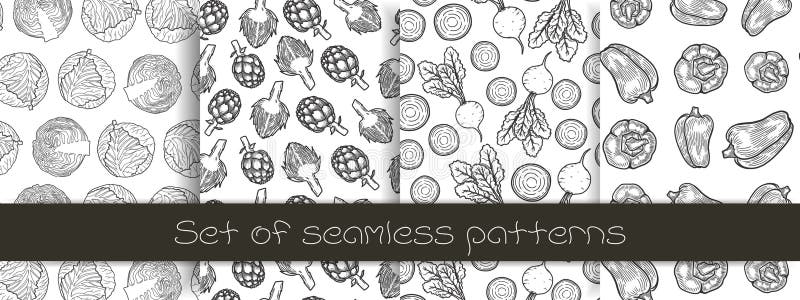 Set of Hand-Drawn Linear Style Seamless Vegetable Pattern for Culinary ...