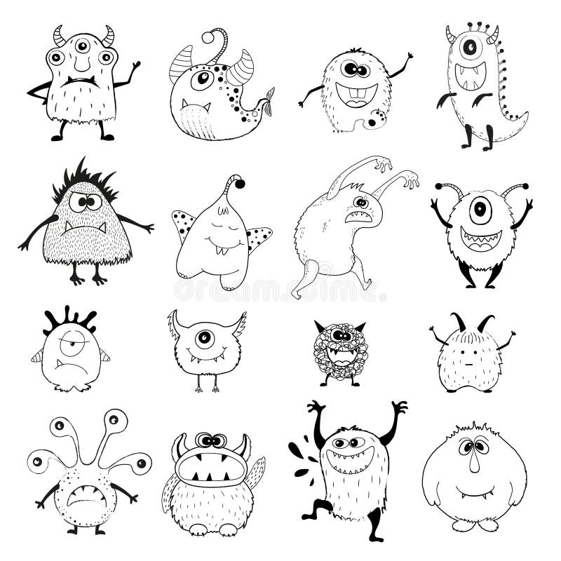 A Set of Hand-drawn Monster Silhouettes. Linear Drawing.Vector Graphics ...