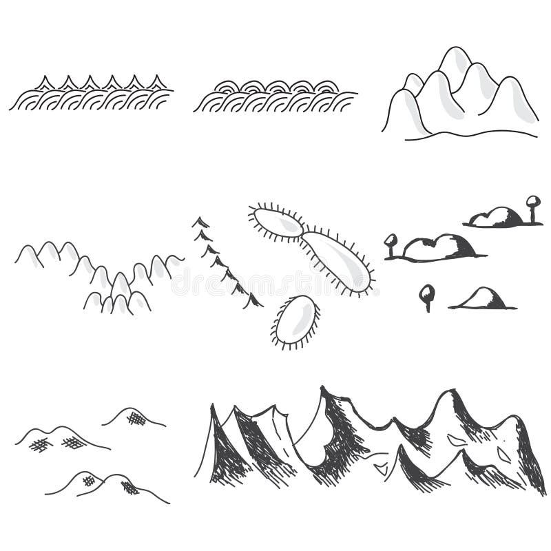 Set of Hand Drawn Mountains Symbols in Map. Stock Vector - Illustration ...