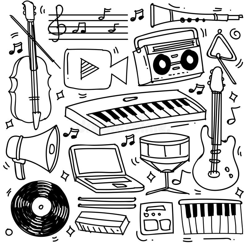 Set of Hand Drawn Music Theme Isolated on White Background, Doodle Set ...