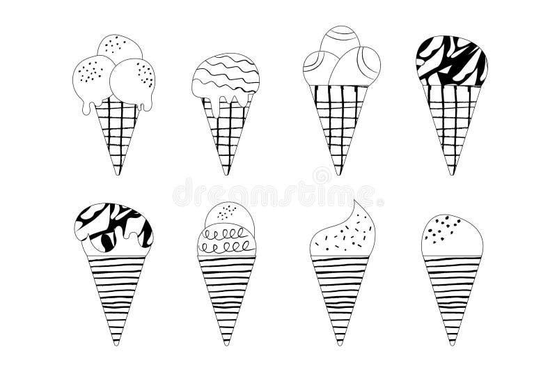 Set of Hand-drawn Outline Ice Cream Cones. Hand Drawn Doodle Design ...
