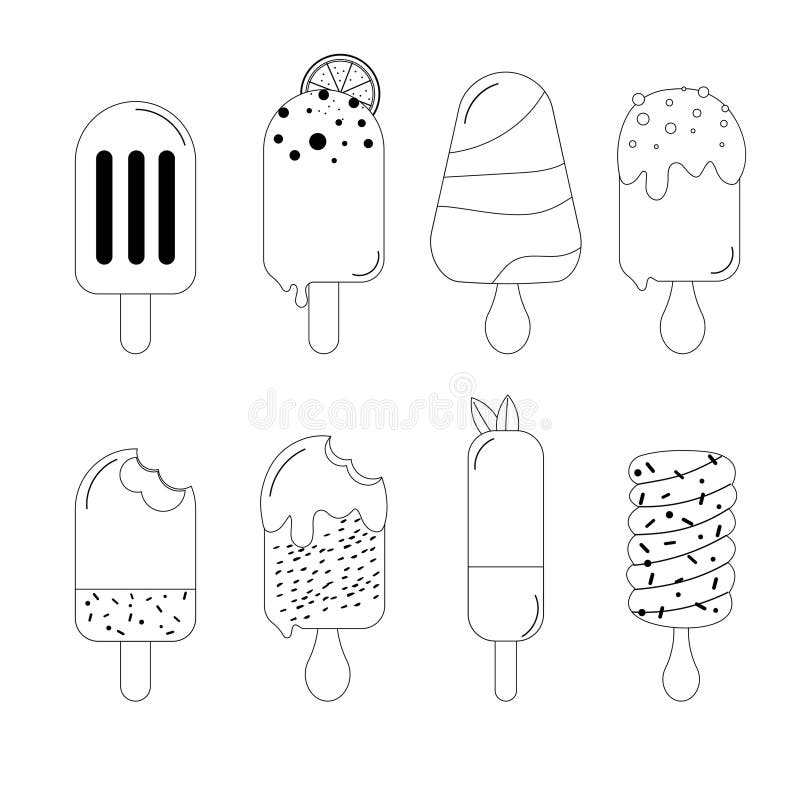 A Set of Hand-drawn Outline Ice Cream on a Stick. Hand Drawn Doodle ...