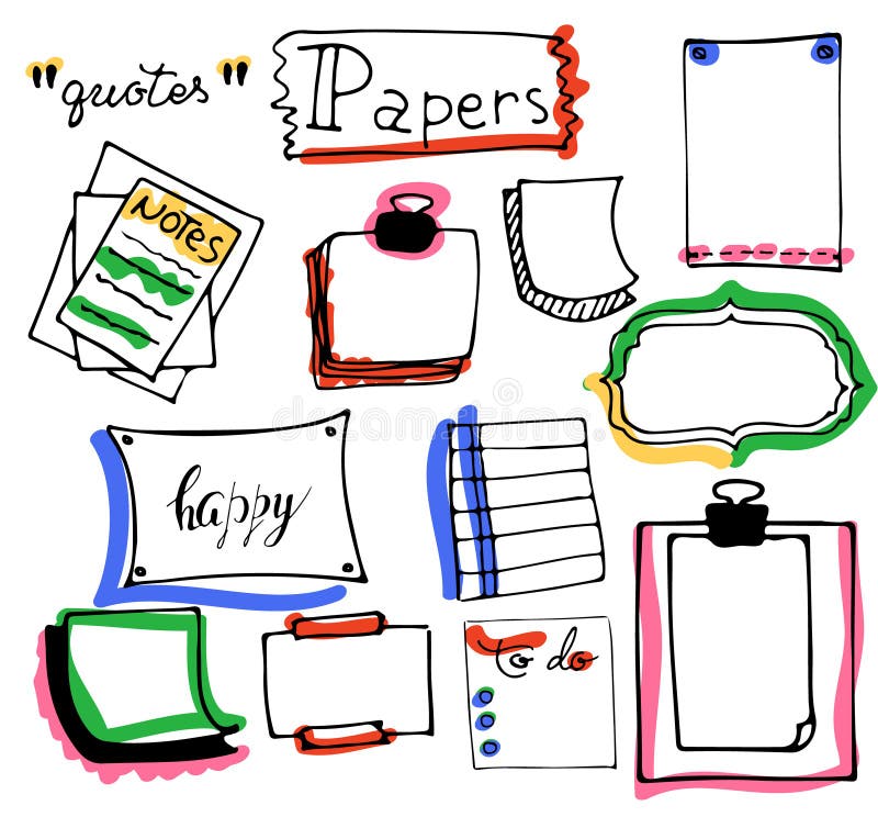 Set of Hand Drawn Paper Notes, Lists, Frames in Vector. Set of Stock ...