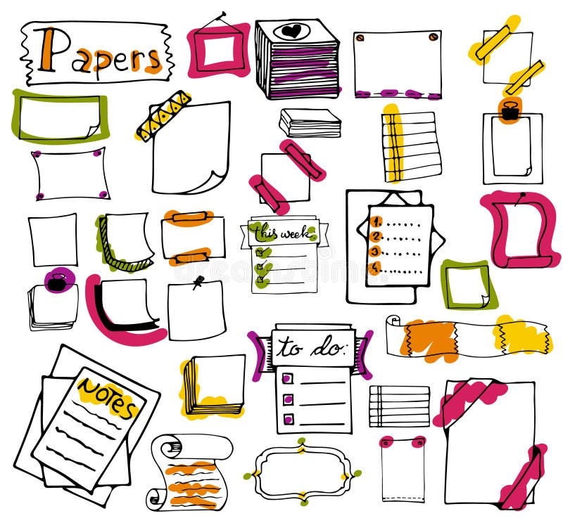 Set of Hand Drawn Paper Notes, Lists, in Vector Stock Vector ...