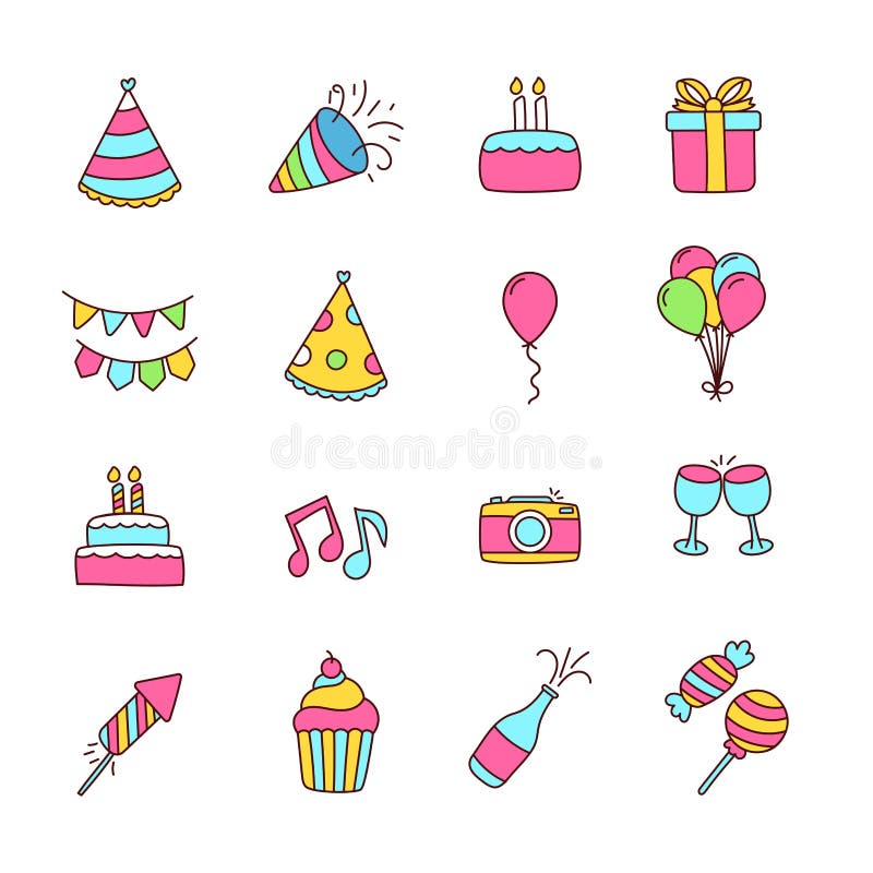 Set of Hand-drawn Party Elements Vector Illustrations Isolated on White ...