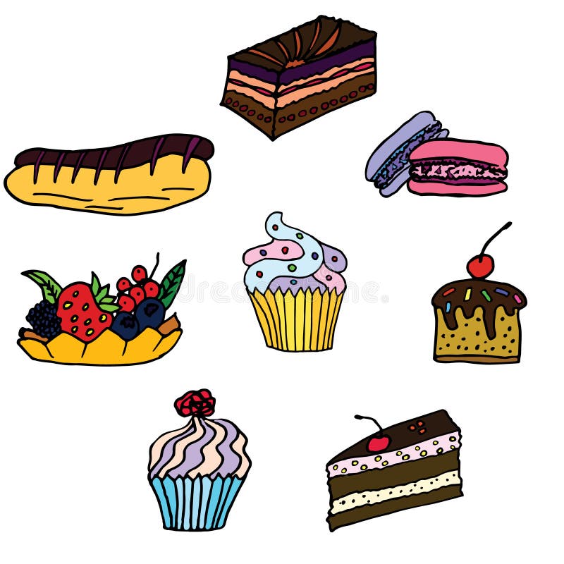 Set of Hand Drawn Pastries, Cupcakes Stock Vector - Illustration of ...