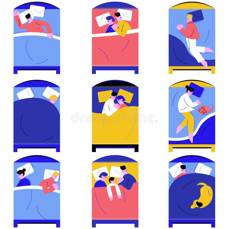 Set of People Sleeping in Different Poses Together in Bed Vector ...