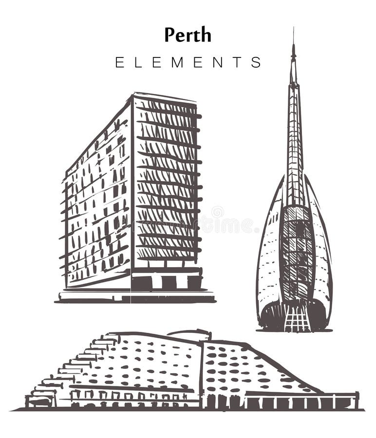 Set of Hand-drawn Perth Buildings, Elements Sketch Vector Stock ...