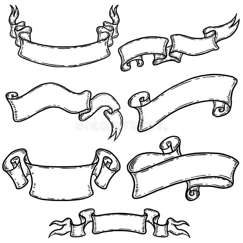 Set of Hand Drawn Ribbons Isolated on White Background. Design Element ...