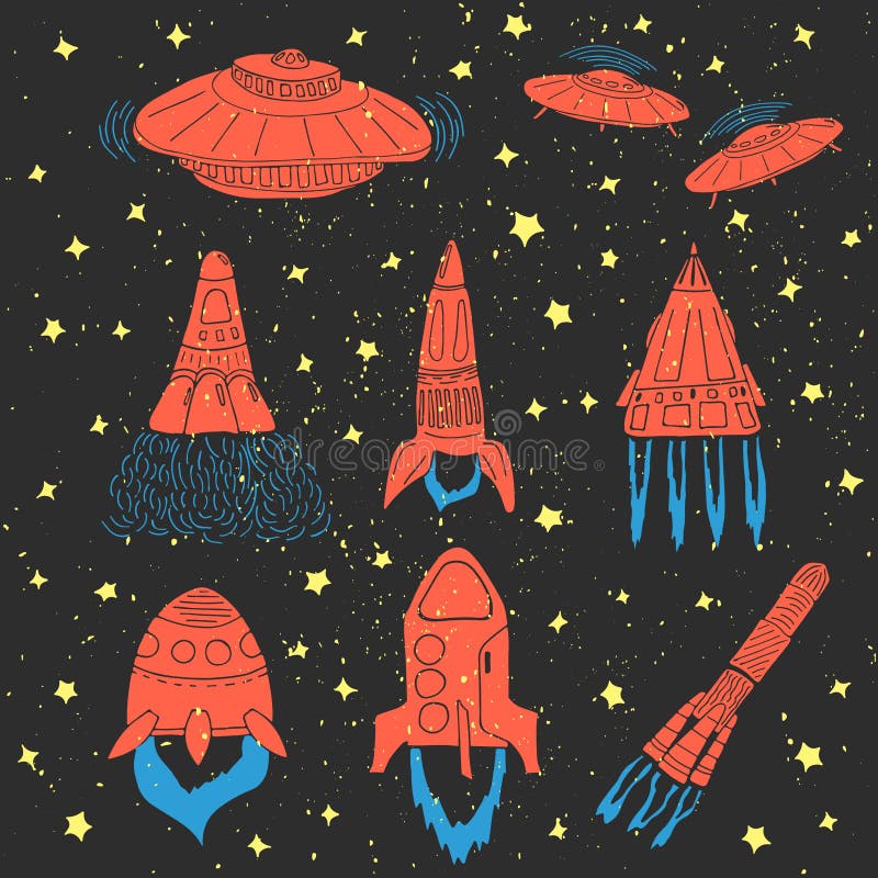 Set of Hand Drawn Rockets. Space Shuttle. UFO Stock Vector ...