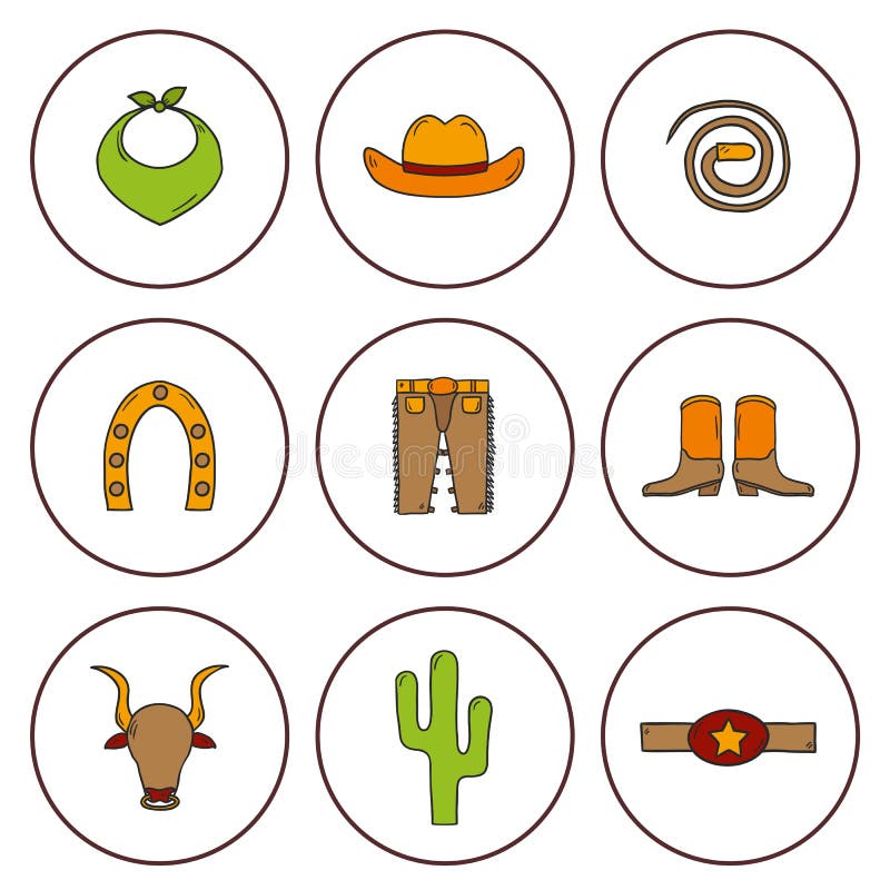Set of Hand Drawn Rodeo Icons Stock Vector - Illustration of bandanna ...