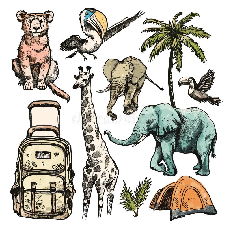 Set of Hand Drawn Safari Animals. Vector Illustration on White ...