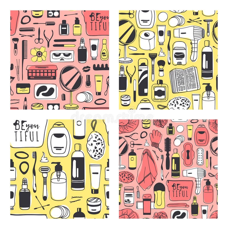 Set of Hand Drawn Seamless Patterns with Cosmetics. Vector Illus Stock ...