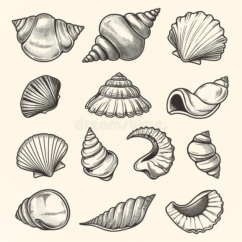 A set of hand drawn shells stock illustration. Illustration of concept ...