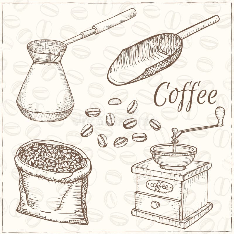 Set of Hand Drawn Simple Coffee Theme Sketches Stock Vector ...