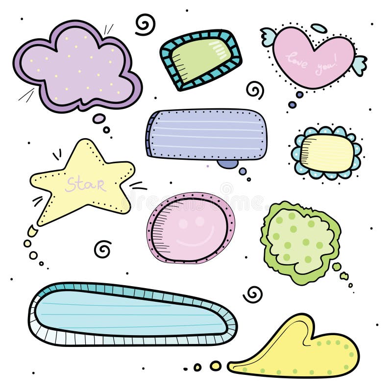 Set of Hand Drawn Speech Thought Bubbles. Colorful Cute Elements Stock ...