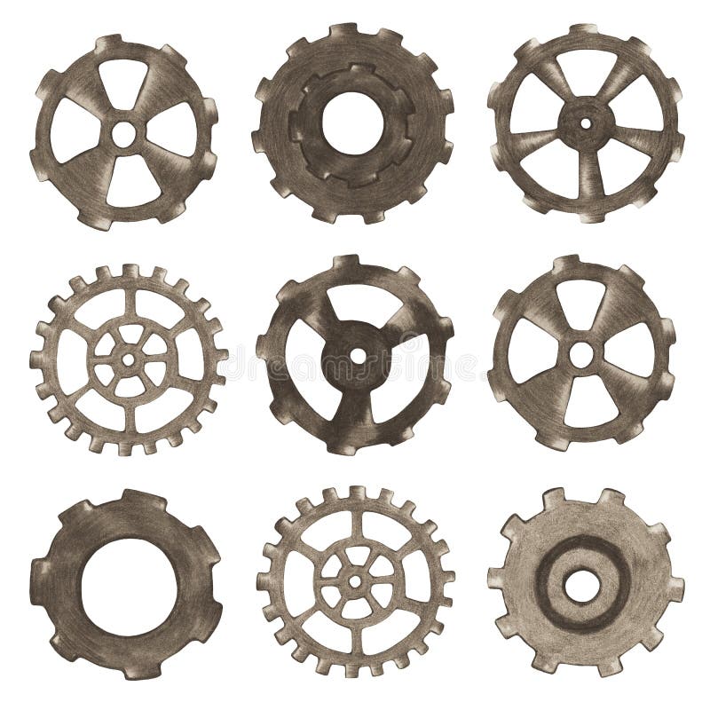Set of Hand Drawn Steampunk Clock Gear Element. Stock Illustration ...