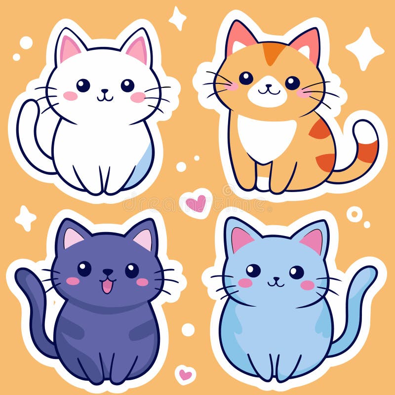 Set of Hand Drawn Stickers with Cute Cats. Stock Illustration ...