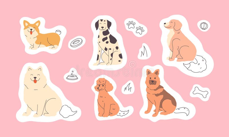 Set of Hand-drawn Stickers of Different Breeds of Dogs. Pets Stock ...