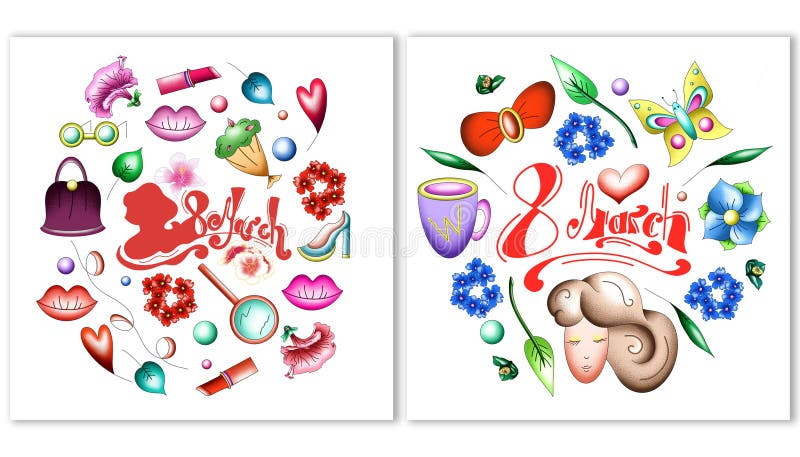 Set of Hand-drawn Stickers for March 8 Stock Illustration ...