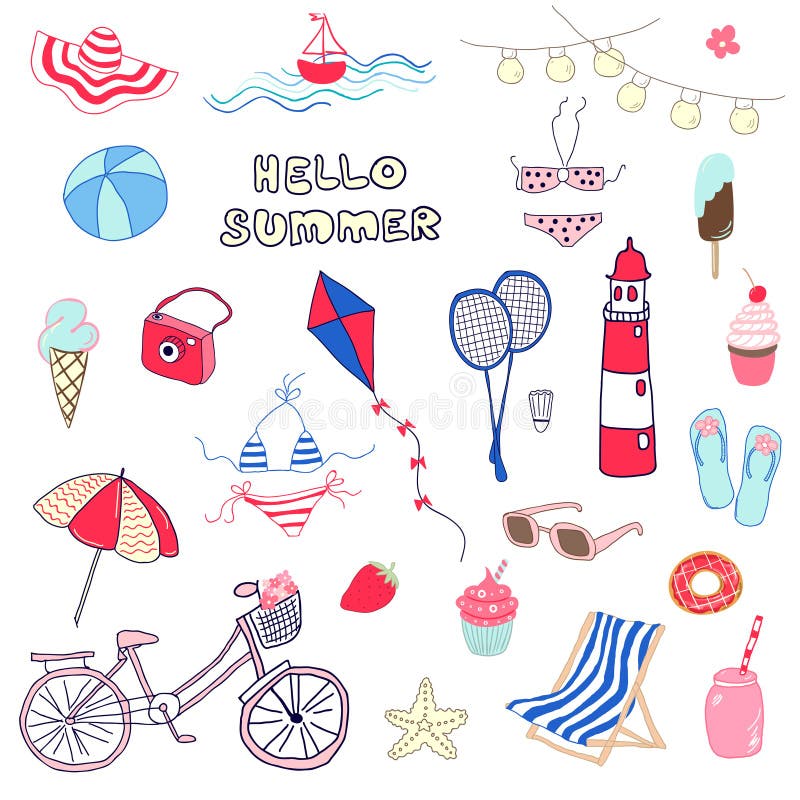 Set of Hand Drawn Summer Themed Doodles. Hello Summer! Stock Vector ...