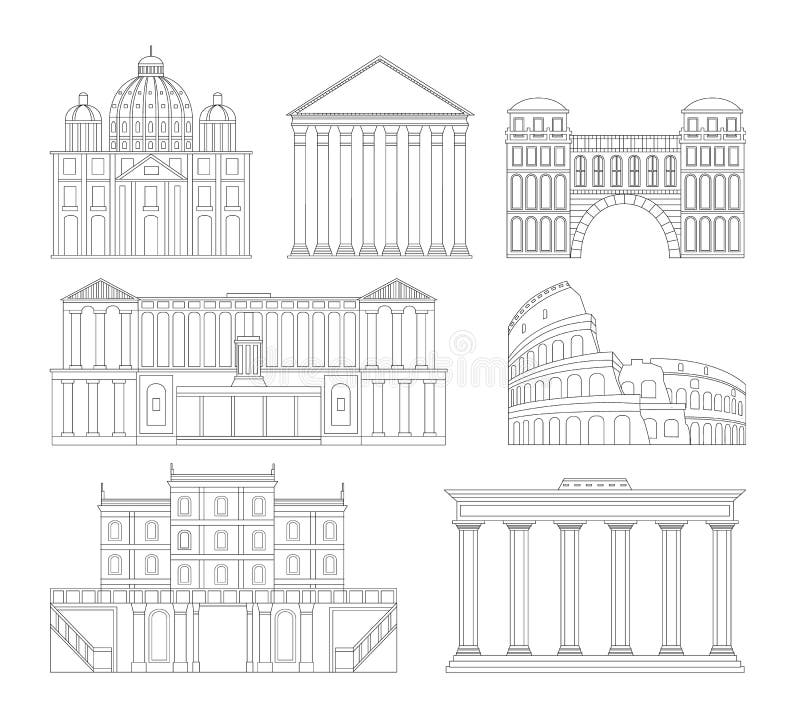Set of Hand-drawn Thin Line Rome Buildings, Vector Illustration ...
